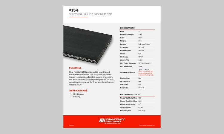 Motion Conveyance Solutions | #154 3-Ply 330# 1/4 x 1/16 400° Heat SBR - Motion Conveyance Solutions